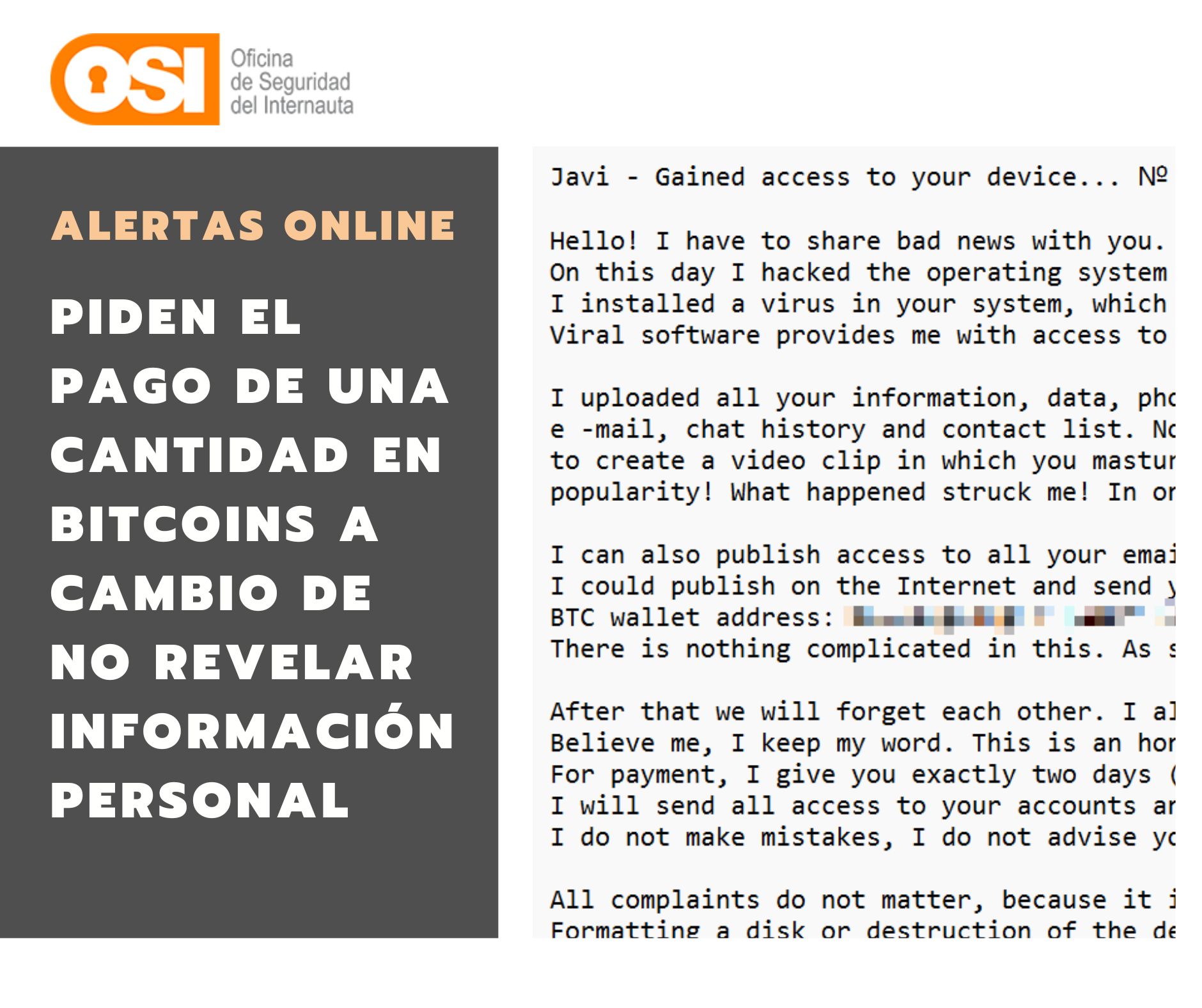 Fraude vía email: OSI avisa de un nuevo tipo intento de extorsión