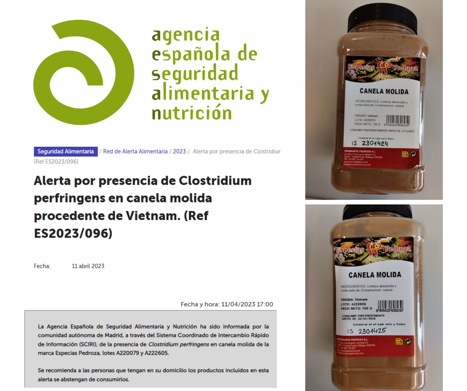 AESAN: presencia de la bacteria Clostridium perfringens en canela